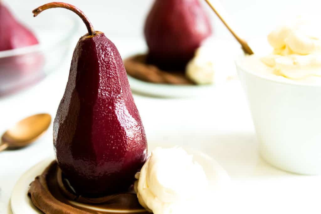 MULLED WINE POACHED PEARS WITH CHOCOLATE AND CREAM | Food & Table