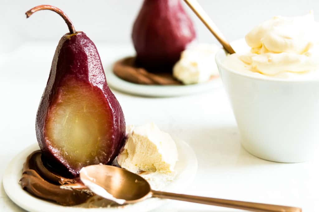 MULLED WINE POACHED PEARS WITH CHOCOLATE AND CREAM | Food & Table